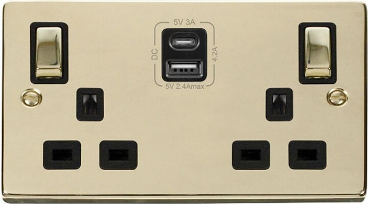 SE Home Polished Brass 2 Gang 13A DP Ingot Type A & C USB Twin Double ...