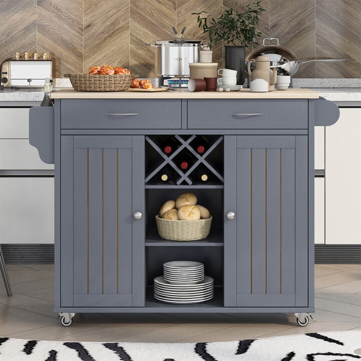 TONWIN Kitchen Island Cart W/ 2 Storage Cabinet & Wheels, Wine & Spice ...