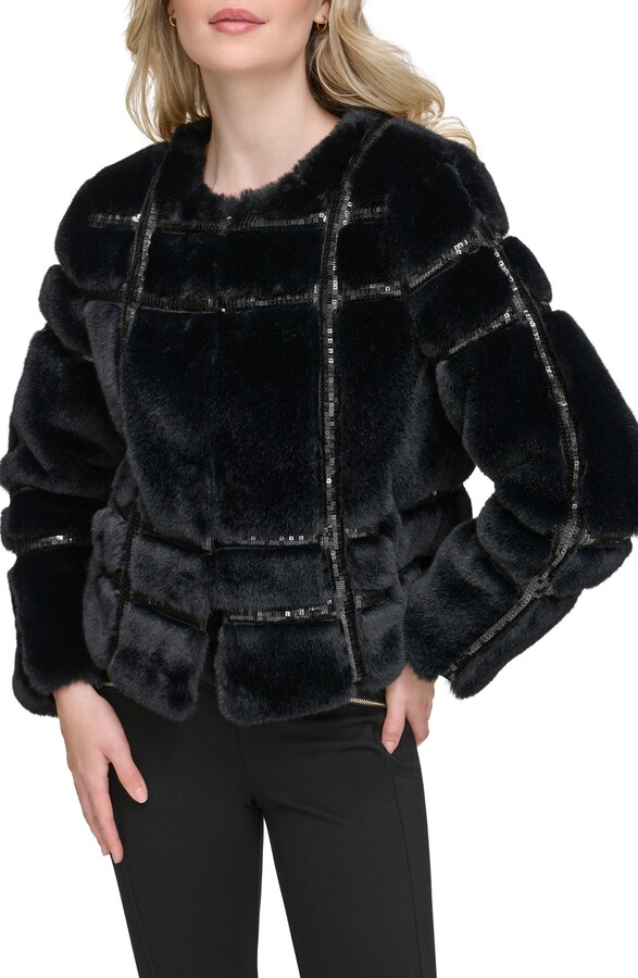 Karl Lagerfeld Paris Sequin Quilted Faux Fur Jacket - ShopStyle