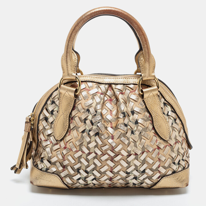 Burberry Metallic Gold Woven Haymarket Check Pvc And Leather Small