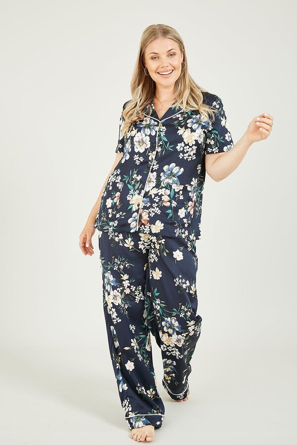 Yumi Curve Plus Size Floral Satin 'Eliane' Pyjamas in Navy - ShopStyle