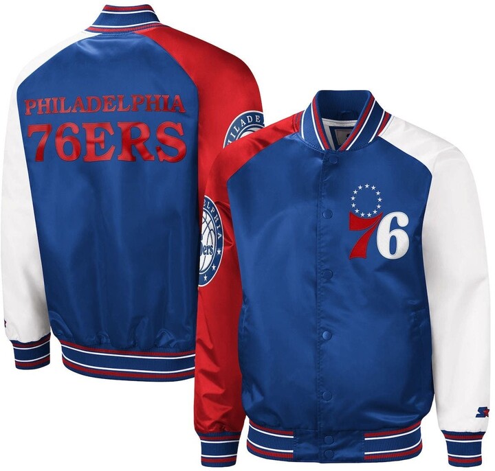 Men's Starter Royal/Red Philadelphia 76ers Reliever Varsity Satin Raglan Full-Snap Jacket ...