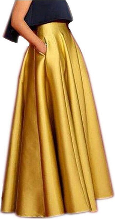 ELYTSDEB Womens Long Gold Satin Maxi Skirts High Waist A-Line Flared ...