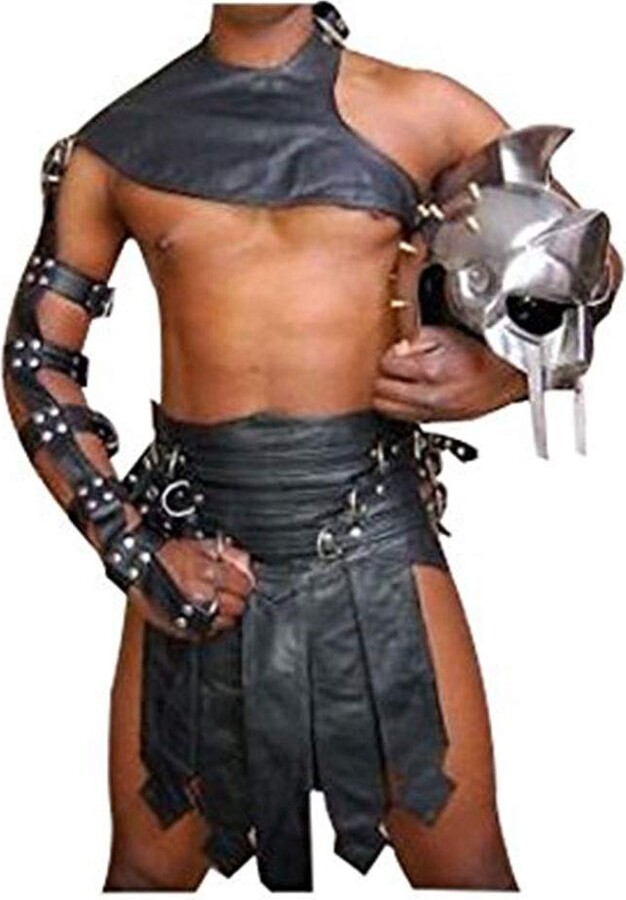 Leather Addicts Real Black Leather Heavy Duty Mens Roman Gladiator Kilt Set LARP - (K3-BLK) W34 ...