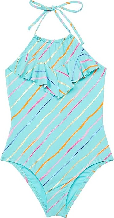 Hobie Kids Rip Tide Stripe Ruffle High Neck One-Piece Swimsuit (Big Kid ...