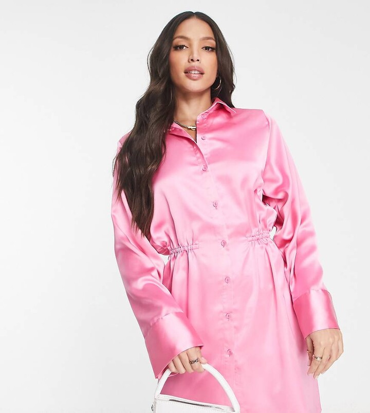 ASOS Tall ASOS DESIGN Tall shoulder pad gathered waist mini satin shirt ...