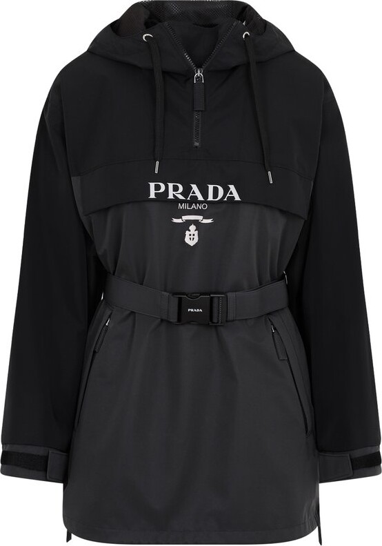 Prada Logo Printed Half-Zipped Hooded Coat - ShopStyle
