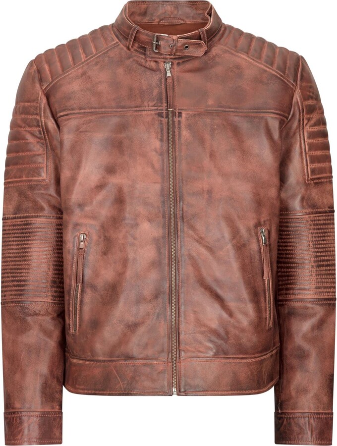 TruClothing Mens Real Leather Biker Jacket Zipped Short Tailored Fit ...