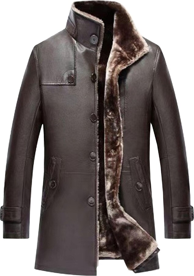 Generic Men Standing Fur Trench Jacket Winter Bomber Fleece Lined ...