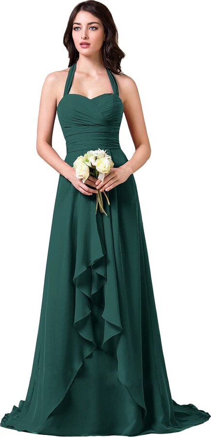 dinavian Women's Halterneck Chiffon Evening Formal Party Ball Gown Prom Bridesmaid Dress-dark ...