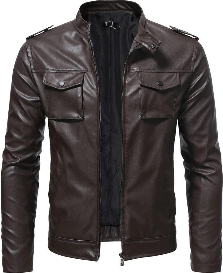 VESNIBA Faux Leather Motorcycle Jacket Men Vintage Stand Collar Faux ...