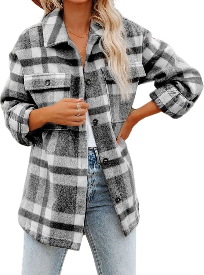 KCatsy Womens Shacket Overshirt Jacket Duffle Plaid Tweed Tartan ...