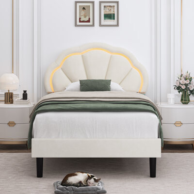 Lark Manor Aisaiah Velvet Upholstere Platform Bed With Adjustable ...