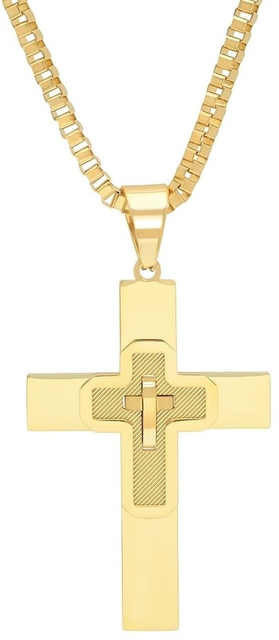 STEELTIME Men's Gold Tone Stainless Steel Triple Layered Cross Pendant ...