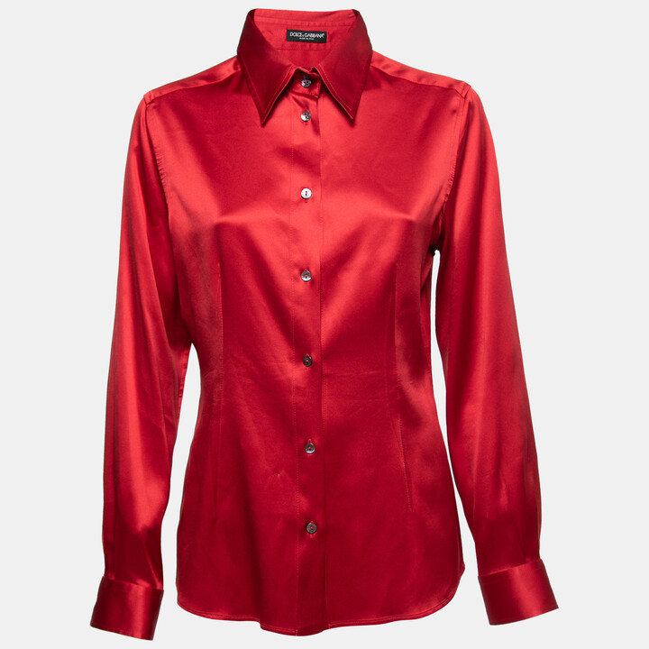 Dolce & Gabbana Red Stretch Silk Satin Button Front Shirt L - ShopStyle ...