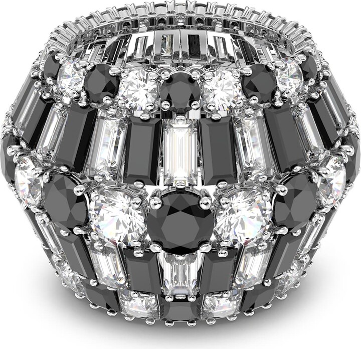Swarovski Hyperbola cocktail ring, Mixed cuts, Black, Rhodium plated ...