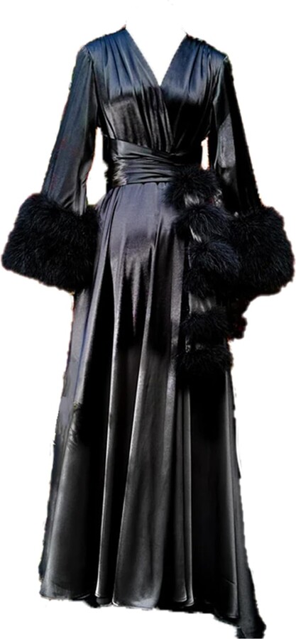 MAYILNSIN Women's Satin Robe Dressing Gowns Bridesmaid Pyjamas Fur Trim ...