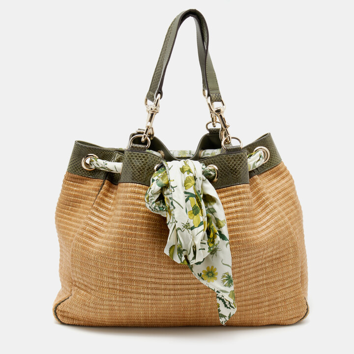 Gucci Beige/Green Raffia And Python Positano Tote - ShopStyle