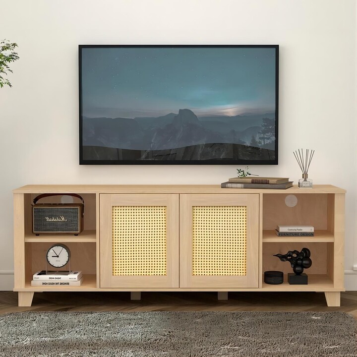 RASOO Farmhouse Style Rattan TV Stand Console for 65/70 Inch TV, Boho ...