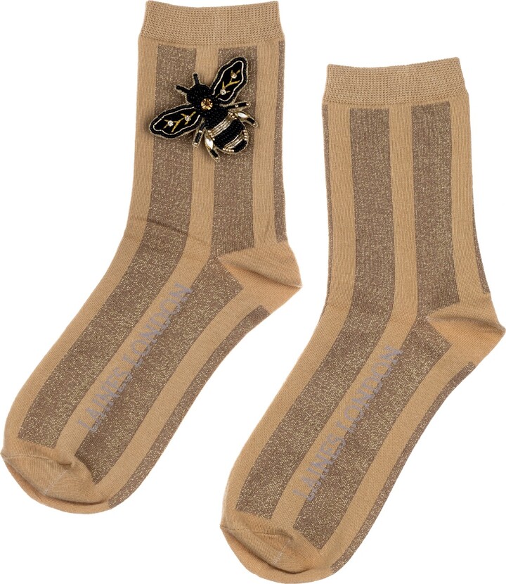 LAINES LONDON - Socks With Honeybee Brooch - Beige & Gold Shimmer ...