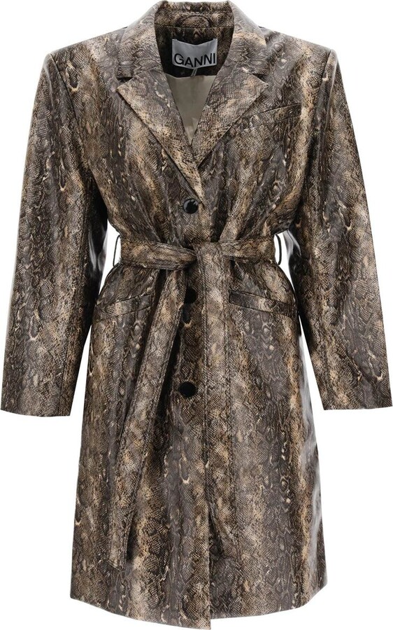Ganni snake-effect faux leather trench coat - ShopStyle