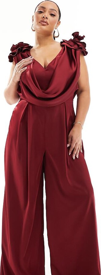 ASOS Luxe Curve satin corsage plunge neck wide leg jumpsuit in Burgundy ...