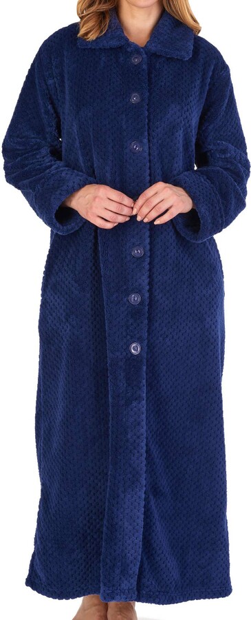 Slenderella Ladies Button Up Dressing Gown Soft Waffle Fleece Ankle ...