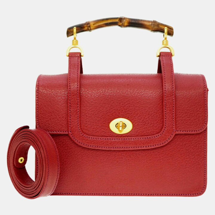 Gucci Red Leather Bamboo Top Handle Bag - ShopStyle