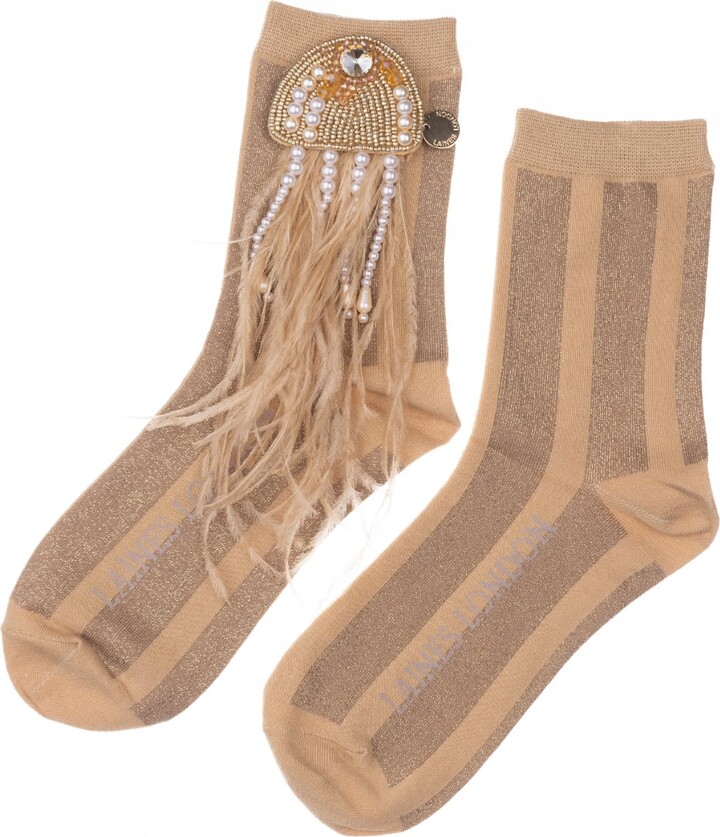 Laines London Women's Gold / Neutrals Beige & Gold Shimmer Stripe Socks ...