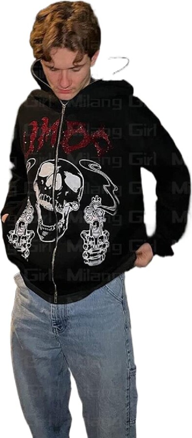 Loalirando Women Hip Hop Oversized Graphic Hoodies Zip Up Long Sleeve Sweatshirt Gothic ...