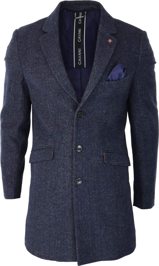 House Of Cavani Mens Smart Casual 3/4 Wool Overcoat Jacket Herringbone ...