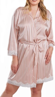 iCollection Brillow Plus Size Satin Striped Robe with Self Tie Sash and ...