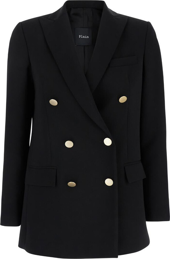 PLAIN Black Double-Breasted Jacket with Golden Buttons in Cady Woman ...