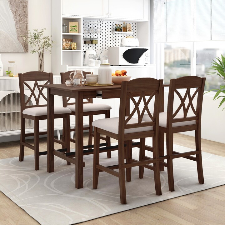 TOSWIN Casual 5-Piece Solid Wood Counter Height Dining Set with Storage ...