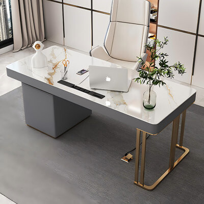 DECADANZ Gray Rectangle Sintered Stone Writing Desk,6-drawer ...