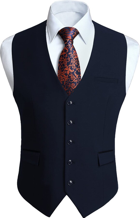 HISDERN Men's Navy Blue Waistcoat Formal Wedding Waistcoats Solid ...