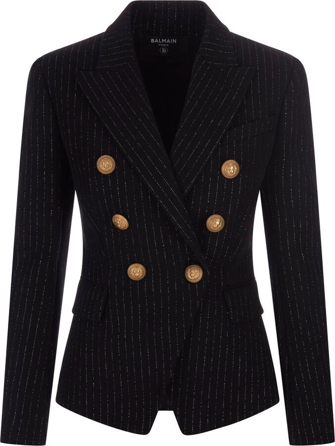 Balmain Black Double-Breasted Jacket With Lurex Details And Jewel ...