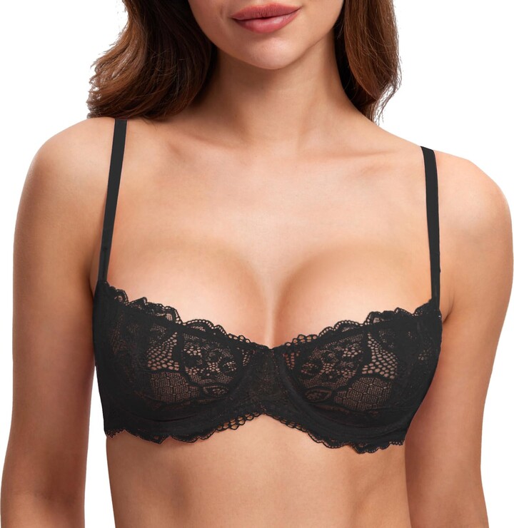 DOBREVA Women's Balconette Bra Floral Sheer Lace Unlined Underwire Push Up Black 42D - ShopStyle
