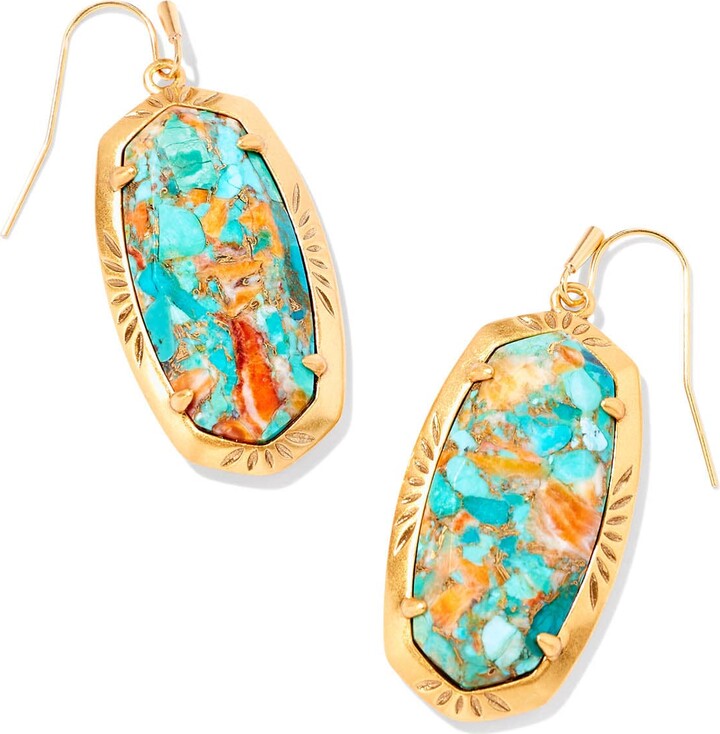 Kendra Scott Elle Vintage Gold Etch Frame Drop Earrings in Bronze Veined Turquoise Magnesite Red ...
