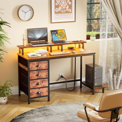 Williston Forge Modern Rustic Brown Gaming Desk With LED Lights ...