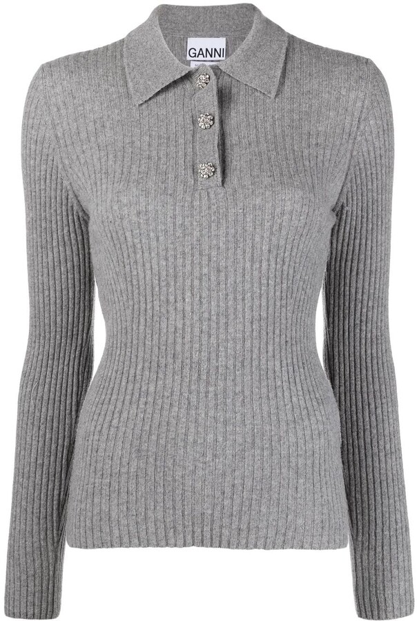 Ganni Rhinestone-Embellished Ribbed Polo Shirt - ShopStyle