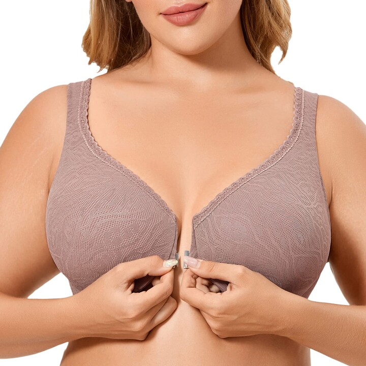 Delimira Women's Front Closure Plus Size Underwire Unlined Full Coverage Lace Bra Mochaccino 36E ...