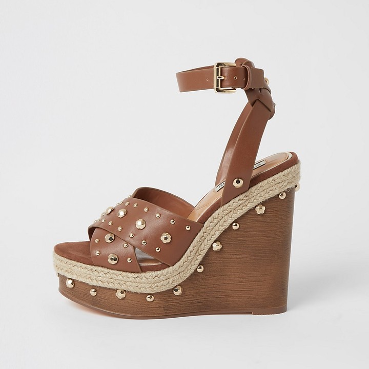 River Island Brown studded wooden wedge sandals - ShopStyle
