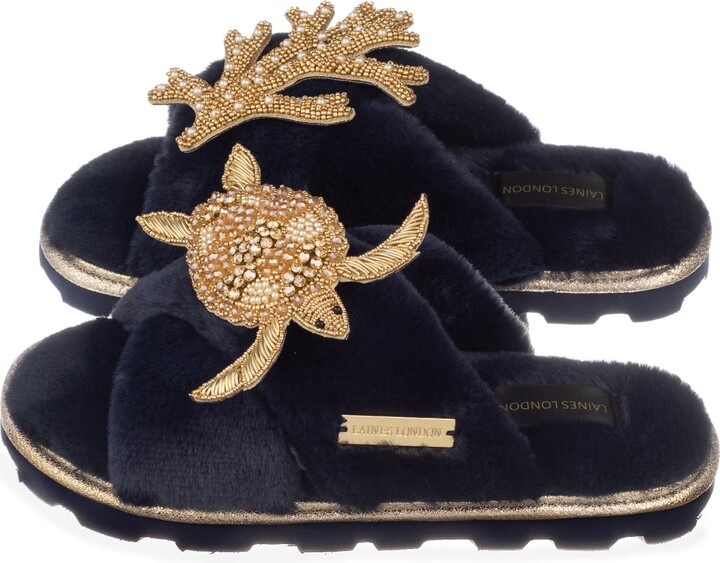 Laines London Women's Blue Ultralight Chic Slipper Sliders With Artisan ...