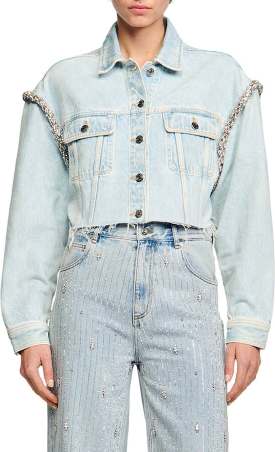 Sandro Palom Rhinestone Seam Crop Denim Trucker Jacket - ShopStyle