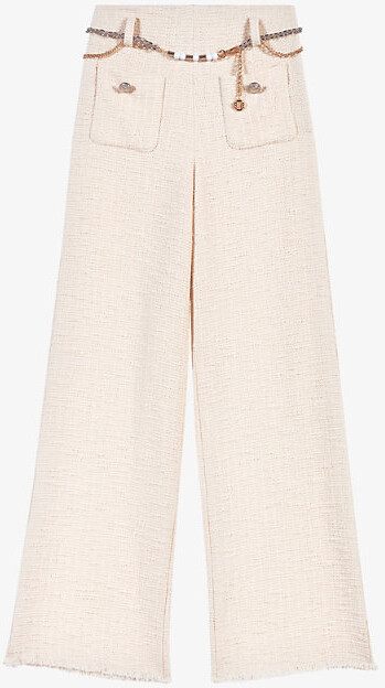 Maje Womens Blanc Pileno Chain-belt Wide-leg Mid-rise Tweed Trousers ...