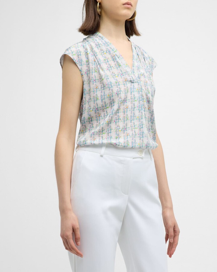 Maison Common Silk Tweed-Print V-Neck Shell Top - ShopStyle
