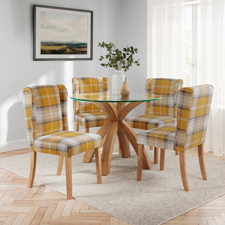 Dunelm Xavi Round Dining Table with 4 Oswald Old Gold Country Check ...