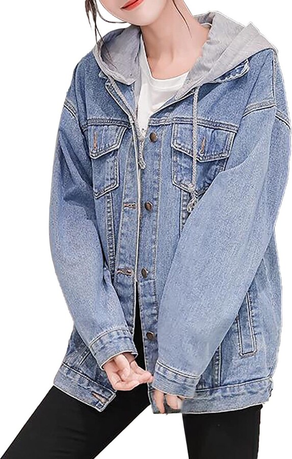 OCCOKO Women's Oversized Loose Denim Jacket Hooded Denim Jacket Women ...