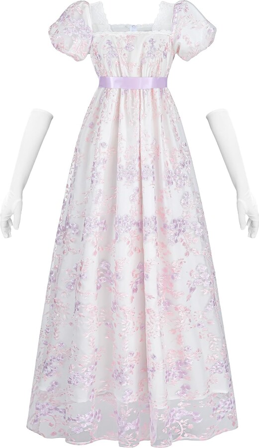 LTAKK Regency Dresses for Women Puff Sleeves Empire Waist with Gloves ...